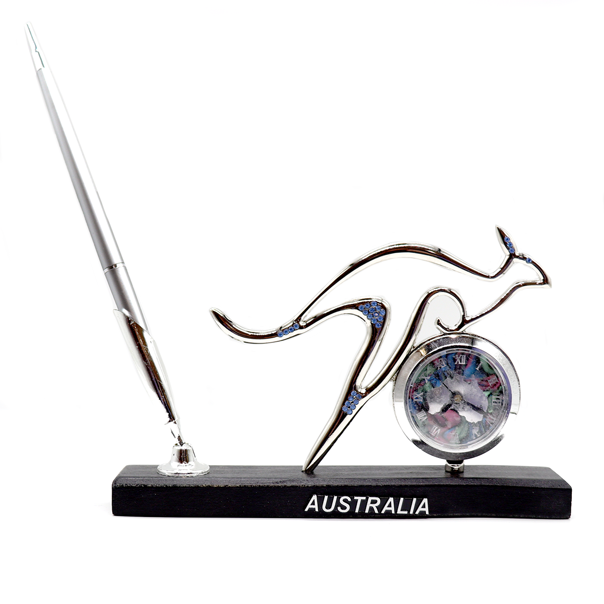 Clock - Kangaroo on Stand Silver W/Pen Holder | Adelaide Souvenir Warehouse